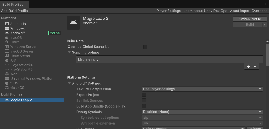 Create a Build Profile | MagicLeap Developer Documentation