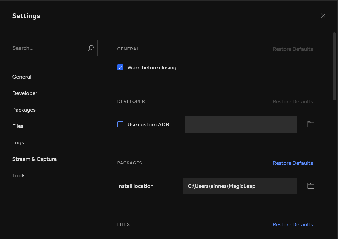 Settings | MagicLeap Developer Documentation